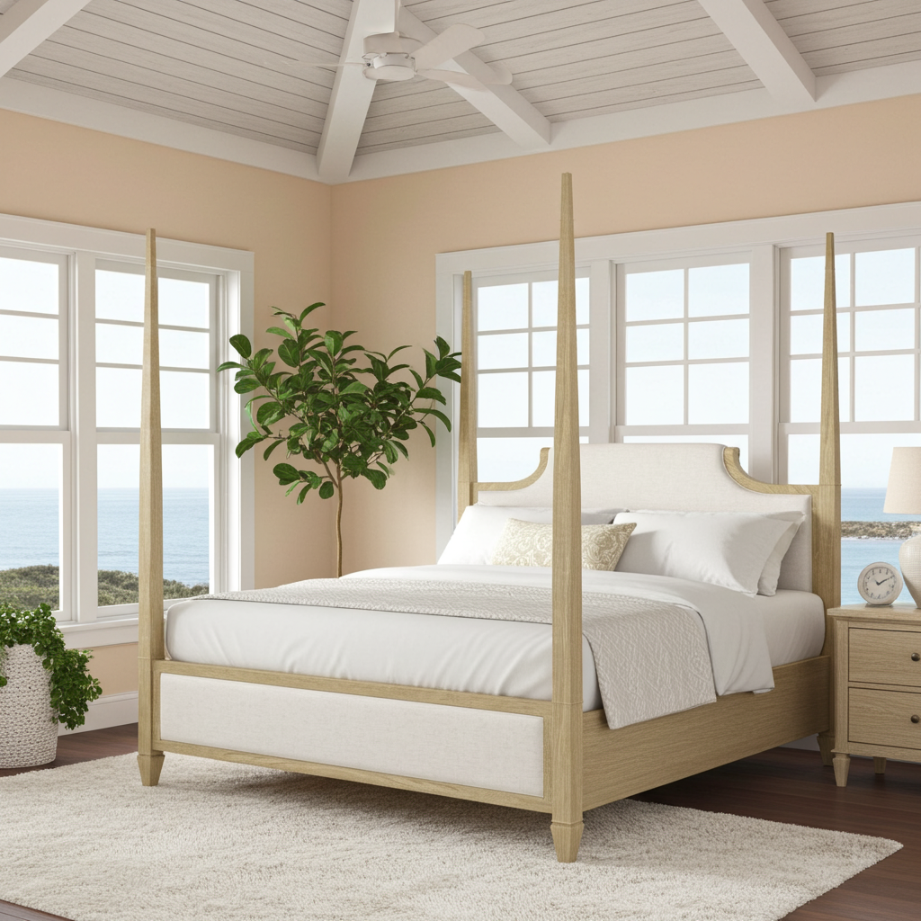 Eave Upholstered Poster Bed – Sundrenched Oak | Divine Canopy Beds